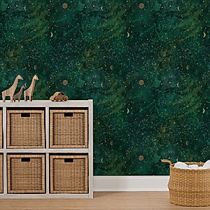 Removable Wallpaper 9ft x 2ft - Dark Green Moon Stars Bohemian Star Night Celestial Custom Pre-Pasted Wallpaper by Spoonflower