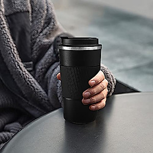 380ml/13 oz Travel Mug Tumbler Coffee Cup Vacuum Insulation with Lid Leakproof Stainless Steel Non-Slip Protective Cover Reusable for Hot&Cold Coffee Water Tea Drinks (13 oz, Black)
