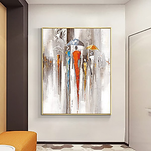 Abstract People in The Rain with Umbrellas Hand Painted Oil Painting On Canvas Abstract Wall for Living Room,31inx47in,No Frame