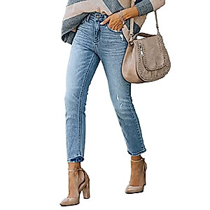 Lesore Womens High Waist Washed Raw Hem Boyfriend Ripped Distressed Destroyed Straight Leg Cropped Jeans Denim Pants Pockets Blue 29