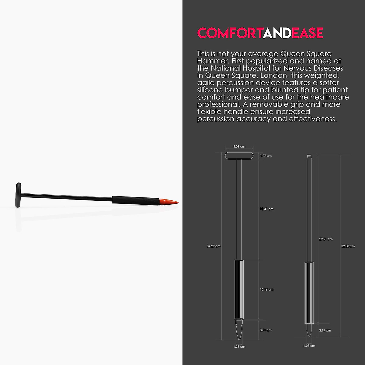MDF Instruments, Queen Square Neurological Reflex Hammer with Pointed tip for Superficial responses - Free-Parts-for-Life & Lifetime Warranty - Black (MDF545-11)