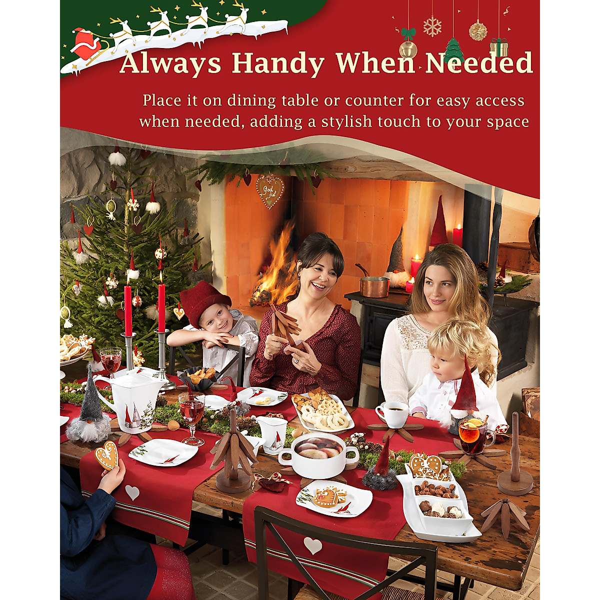 Wooden Tree Coasters with Holder, Wooden Trivets for Hot Dishes Decorative Christmas Tree Shape Includes 3 Pcs Hot Plate Mats, Tree Trivets for Hot Pots and Pans, Hot Pads for Countertop, Sapele