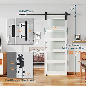 ALAMEDADT 34'' x 84'' Glass Barn Door and 6 Ft Hardware Kit Included, MDF White Barn Door Slab with Frosted Glass, PVC Surface, Combined with Handle and Floor Guide-Assembly Required, White