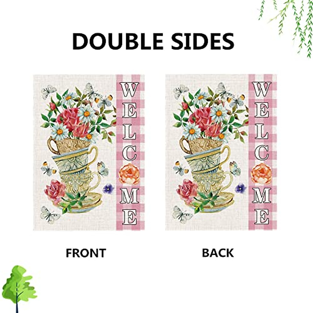 Welcome Flower Garden Flags, Spring Buffalo Plaid Vertical Double Sized Burlap Flag for House Yard Outdoor Decor 12.5 x 18 Inch