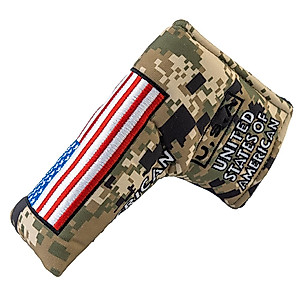 GOOACTION Camo Golf Club Blade Putter Cover Magnetic Closure Design Camouflage Green with Stars and Stripes Flag Pattern Synthetic Leather Waterproof Putters Headcover