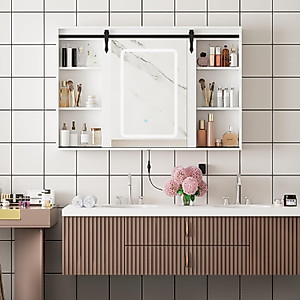 Homsee Farmhouse Mirror Medicine Cabinet with Sliding Barn Door, LED Light & Defogger, Bathroom Wall Vanity with Door, Shelves, Adjustable Light Color & Brightness, White (5.9" D x 47.2" W x 31.5" H)