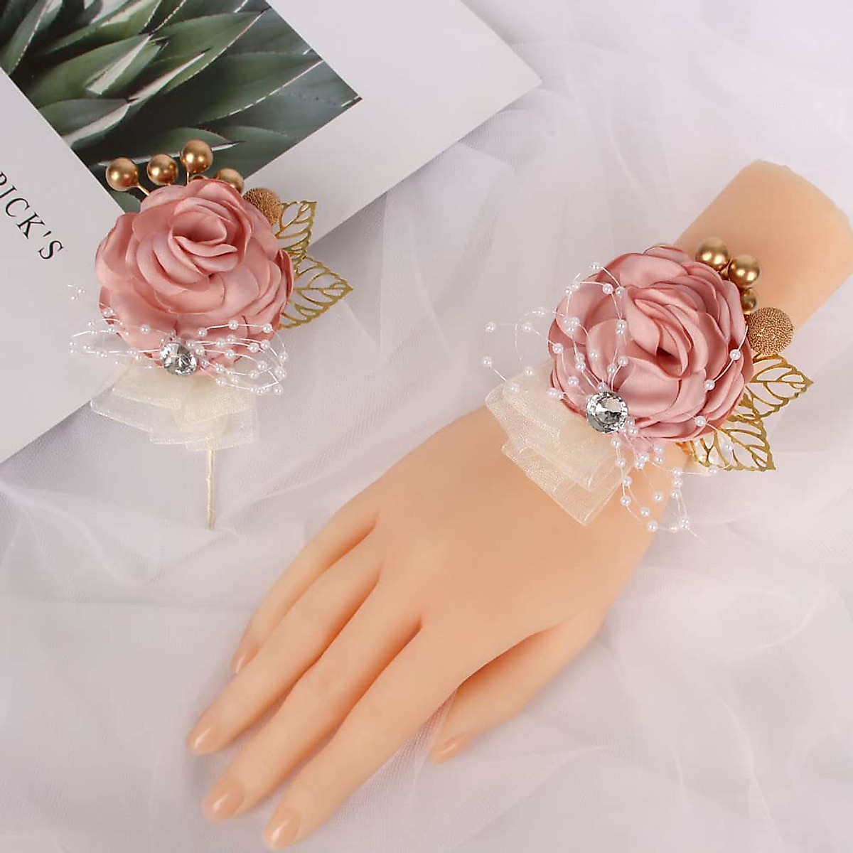 WANLIAN Rose Wrist Corsage Wristlet Band Bracelet Boutonniere,Wrist Corsage Hand Flowers Decor for Wedding Bridal Prom Party Accessories (Pink)