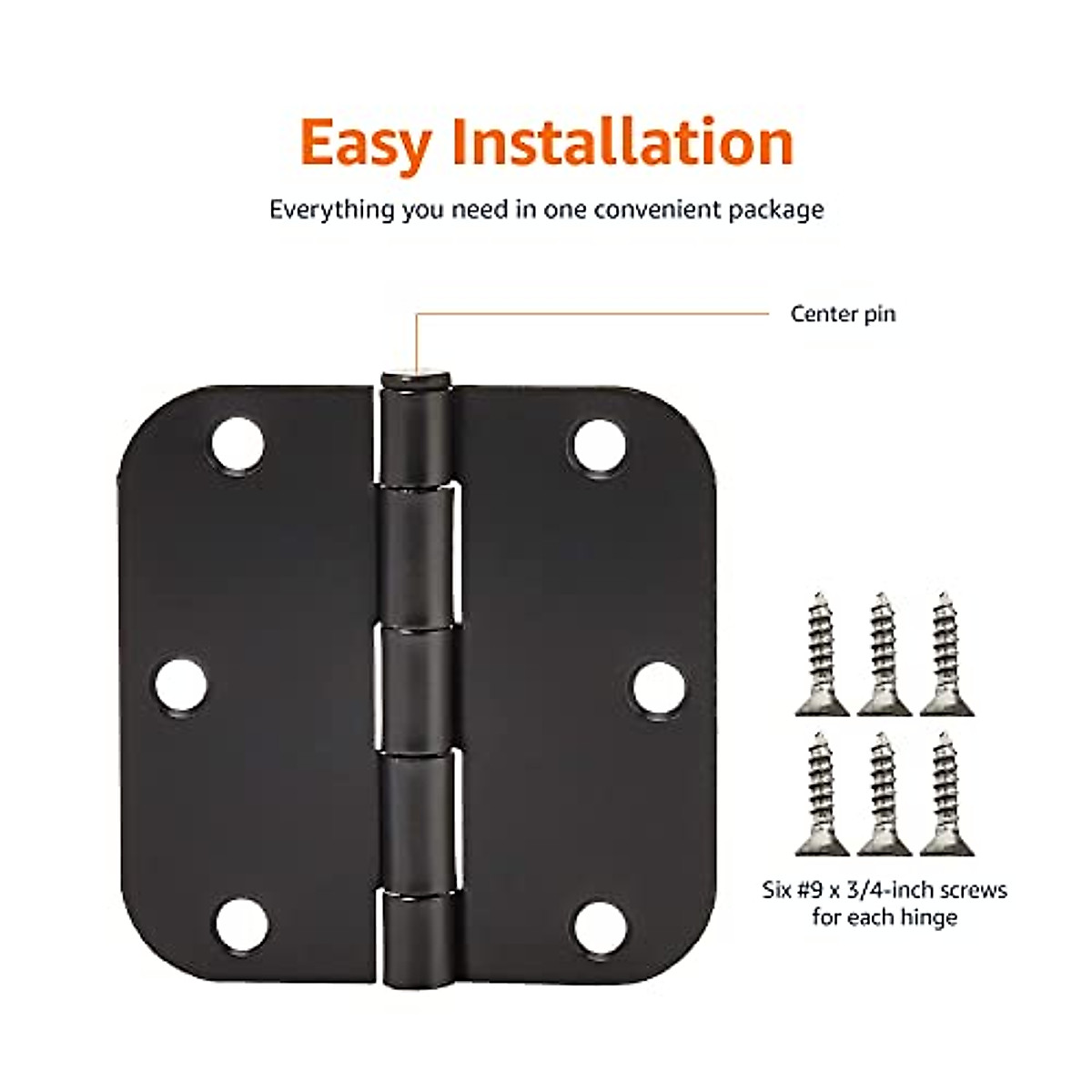 Amazon Basics Rounded 3.5 Inch x 3.5 Inch Door Hinges, 18 Pack, Matte Black