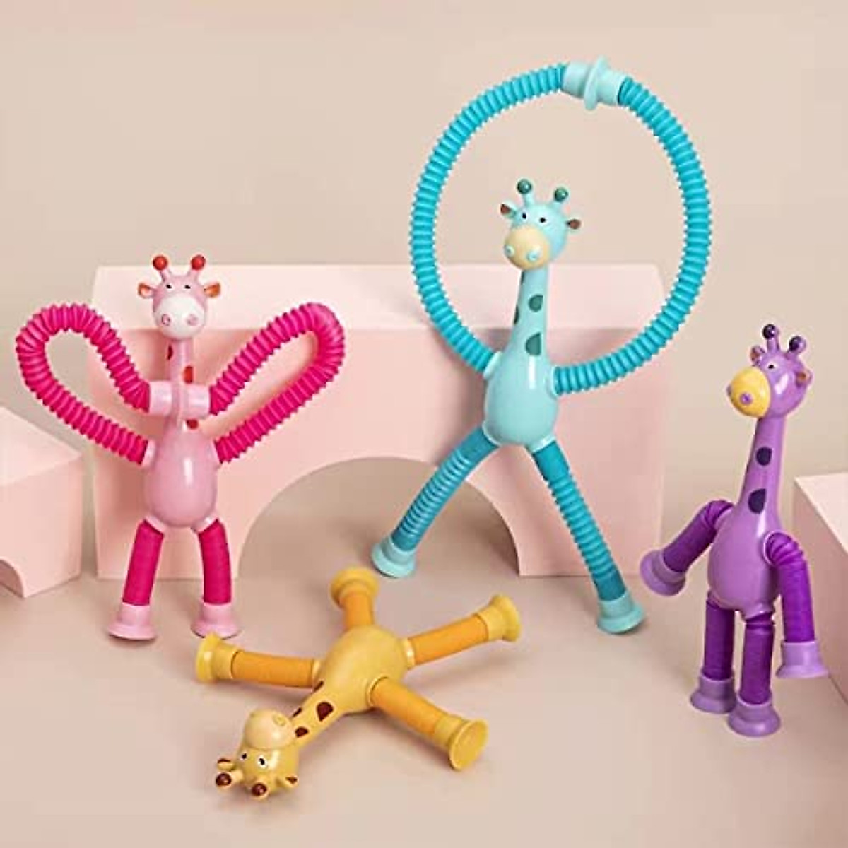 Telescopic Giraffe Suction Toys 4PCS, Telescopic Suction Cup Giraffe Toy Shape Changing Giraffe Telescopic Tube Suction Toys Stretch & Decompress Educational Sensory Toys for Kids (with Light)