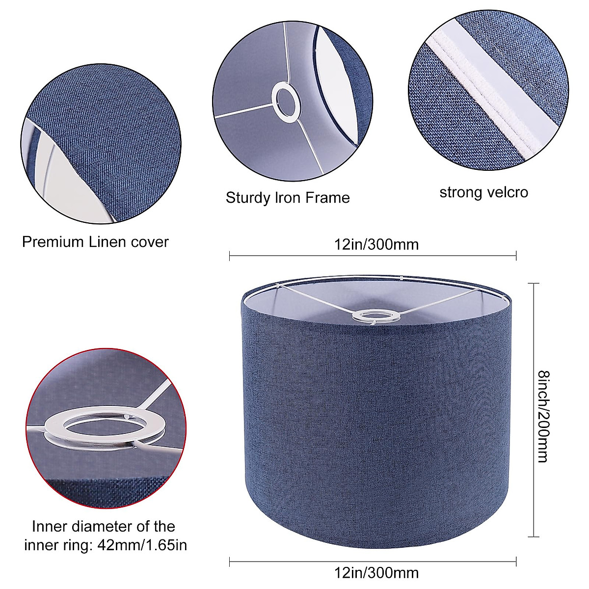 Lamp Shades Set of 2, Drum Lampshade for Table Lamps Floor Lamp, 12" Top X 12" Bottom X 8" High Blue Large-Medium Line Fabric Lamp Shades, Easy Assembly Replacement Lampshades