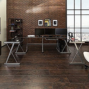 Walker Edison Ellis Modern Glass Top L Shaped Corner Gaming Desk with Computer Keyboard Tray, 51 Inch, Smoke