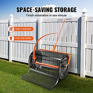 VEVOR Compost Spreader, 24.4-25.6" Height Adjustable Handle, 24" Wide, Lawn and Garden Peat Moss Roller with Side Latches, Powder Coated Steel Mesh Basket for Spreading Manure, Topsoil, Black