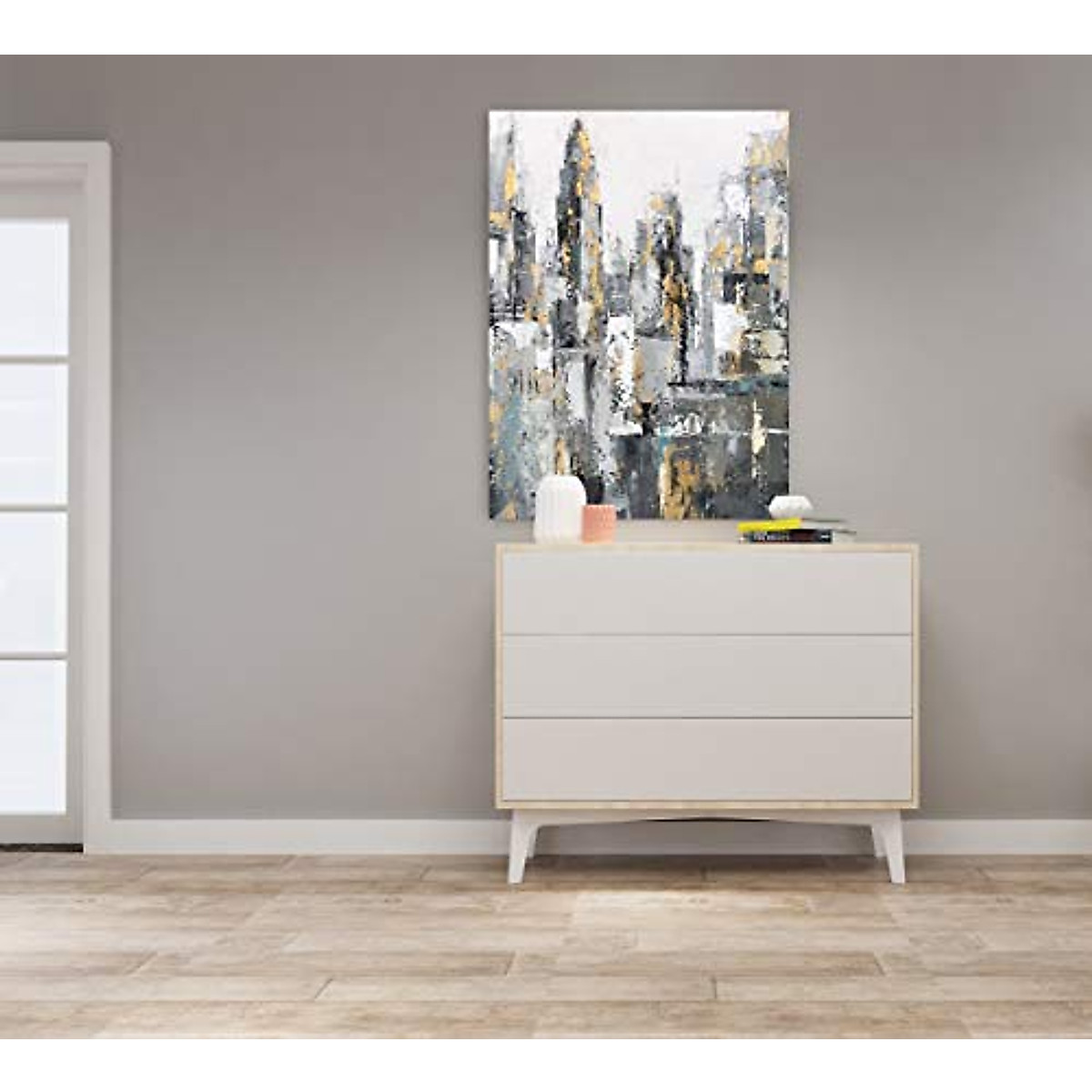 Yihui Arts Large Modern Abstract Chicago City Canvas Wall Artworks Painting with Gold Foil for Living Room Decoration