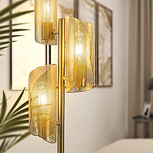 Brightech Lyra LED Tree Floor Lamp for Mid-Century Modern, Contemporary, Industrial Décor, 3 Light Head Standing Lamp with Metal Cage Shade, Standing Pole Tall Lamp for Living Room, Bedroom - Brass