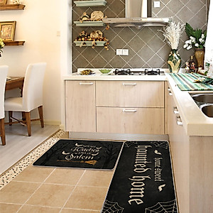 GAGEC Halloween Kitchen Mat Set of 2, No All Witch Live in Salem Kitchen Rug, Bat Broom Halloween Farmhouse Party Floor Mat for Home Kitchen Decorations - 17x27 and 17x47 Inch