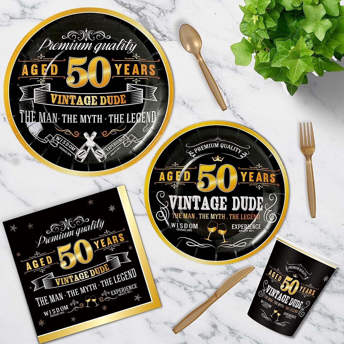 168 Pcs Vintage 50th Party Tableware Set, Black Gold Vintage Happy 50 Birthday Tablecloth 24 Guests Dinner Plates Dessert Plate Cup and Napkins for Men Cheers 50th Theme Birthday Party Supplies