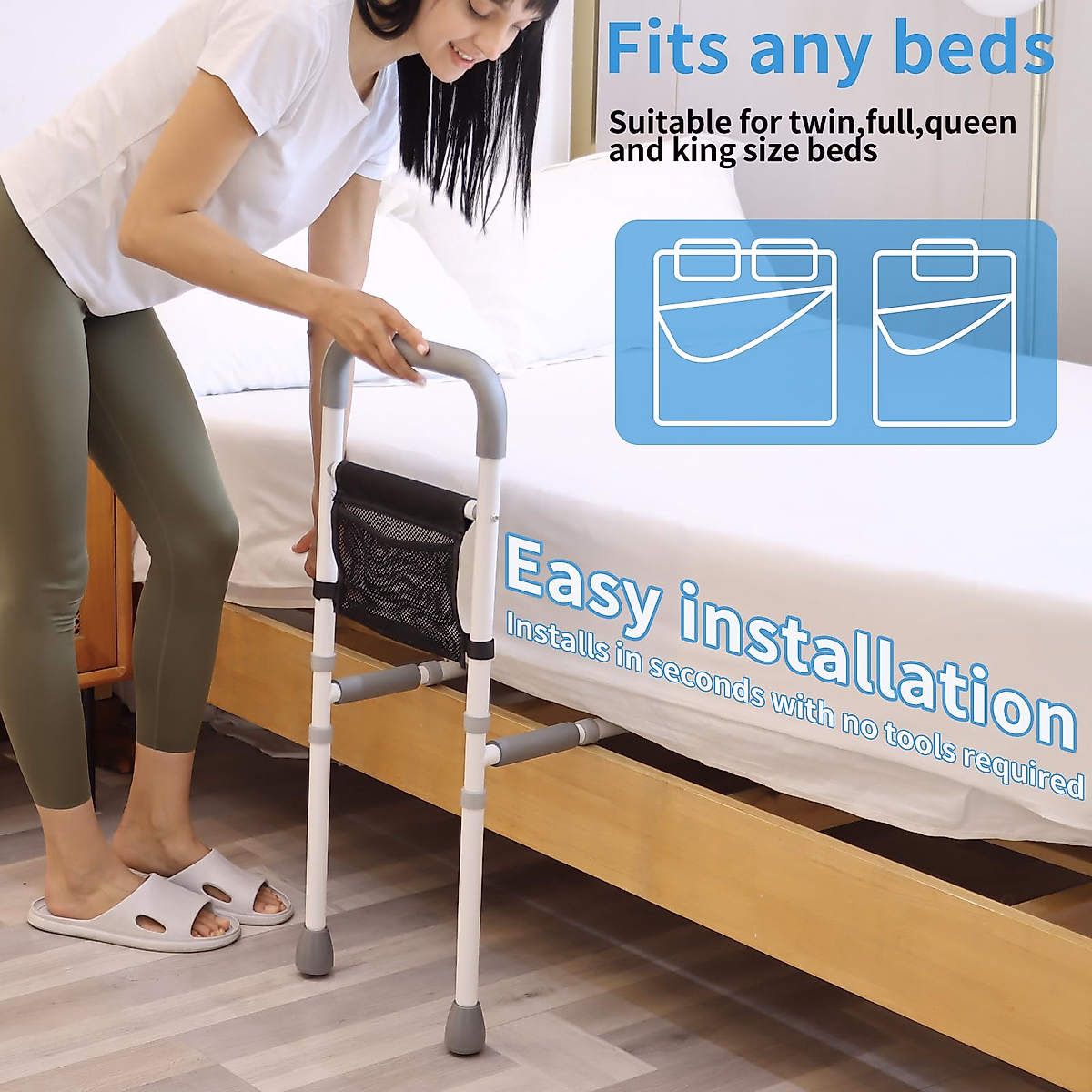 WeHwupe Bed Rails for Elderly Adults Height Adjustable Bed Assist Rail for Seniors Safety Bed Handle with Leg Bedside Fall Prevent Grab Bar with Storage Pocket Fits King Queen Full Twin Bed