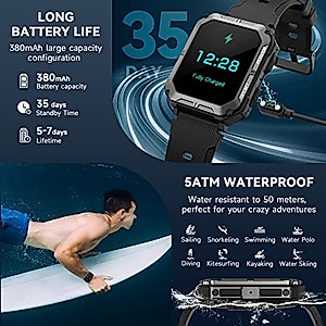 Military Smart Watch for Men with Bluetooth Call, 5ATM Waterproof Outdoor Fitness Tracker, 1.83" Rugged Tactical Watch with Heart Rate Blood Pressure Sleep Monitor for Android iPhone, Black