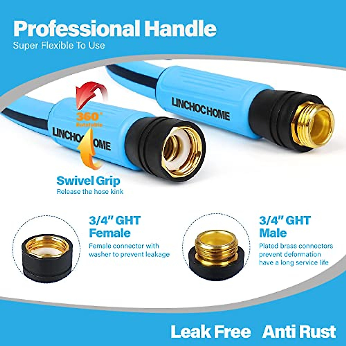 Garden Hose 50 FT,Flexible Heavy Duty Hybrid 5/8-Inch Kink-resistant Rubber Water Hose Kit with Hose Holder,All-weather, Lightweight,Burst 450PSI