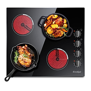 Cooksir Electric Cooktop 24 Inch, 4 Burner Electric Stove Top 6000W, Built-in Radiant Electric Stovetop with 9 Heating Level, Auto Shut Down Protection, Knob Control, 220-240V Hard Wired (No Plug)