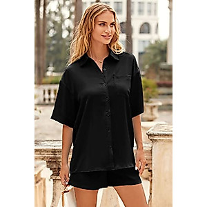 PRETTYGARDEN Women's 2 Piece Satin Pajama Sets Short Sleeve Button Down Tops And Shorts Set 2023 Summer Pjs Silk Sleepwear (Black,Medium)