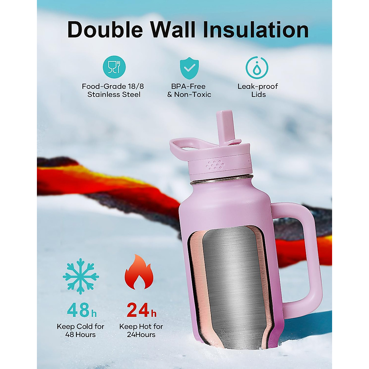 BUZIO 40oz Water Bottle Fits in Cup Holder, Insulated Tumbler with Handle, Water Flask with Lid for Cold Hot, BPA-Free Sweat-Proof Wide Mouth Travel Mug for Sports, Gift for Him Her, Gradient Purple