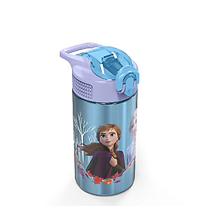 Zak Designs Frozen II 15.5oz Stainless Steel Kids Water Bottle with Flip-up Straw Spout - BPA Free Durable Design, (Elsa And Anna) (FRZA-S730-C)