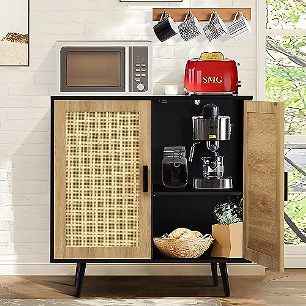 Iwell Boho Sideboard Buffet Cabinet, Kitchen Storage Cabinet with Natural Rattan Door & 2 Adjustable Shelves, Rattan Cabinet, Accent Cabinet for Living Room, Kitchen, Entryway, Black