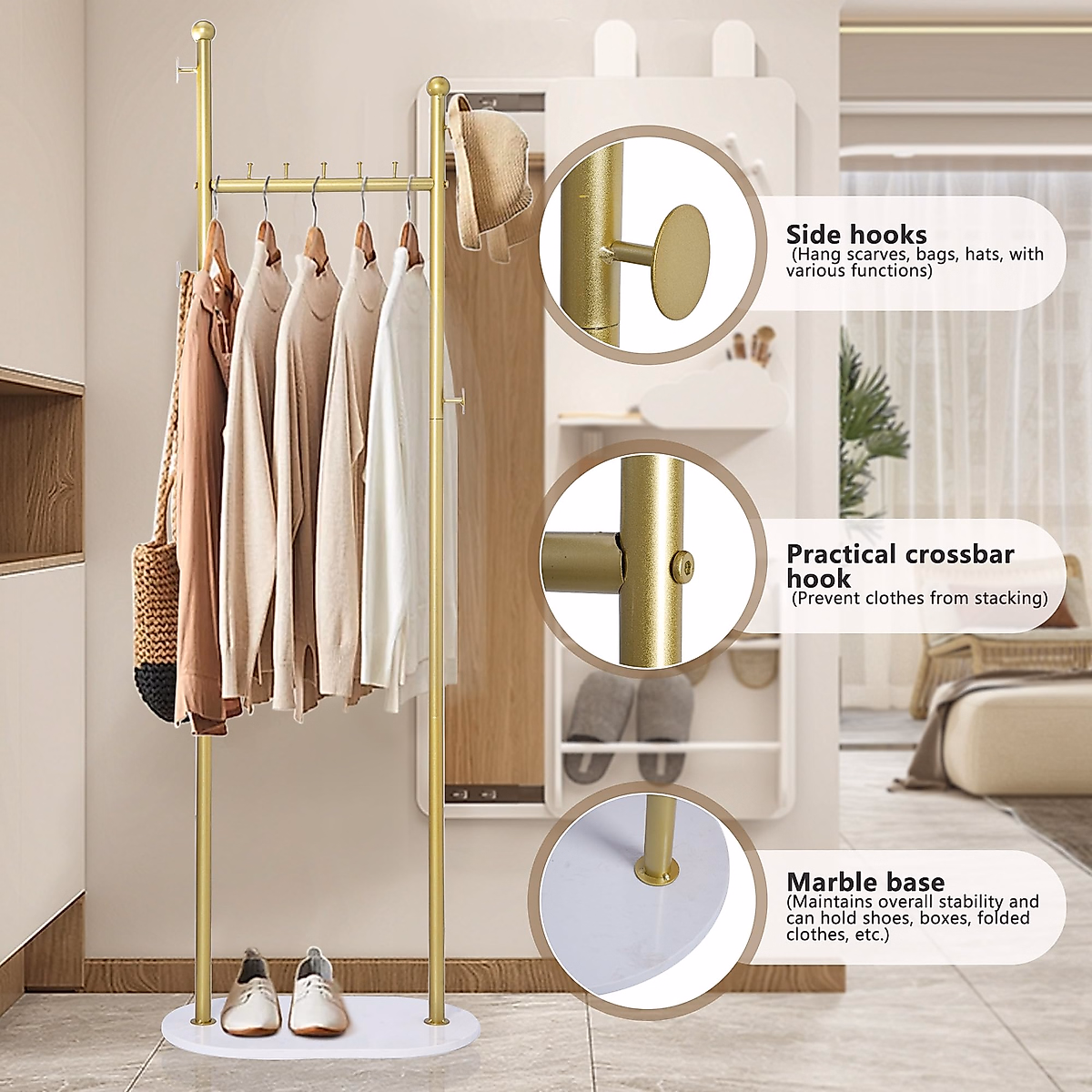 tonchean Gold Coat Rack Metal with Natural Marble Base Free Standing Clothes Rack Hotel Hall Tree for Hanging Clothes, Bags, Hats for Bedroom, Office, Hallway, Entryway, Living Room