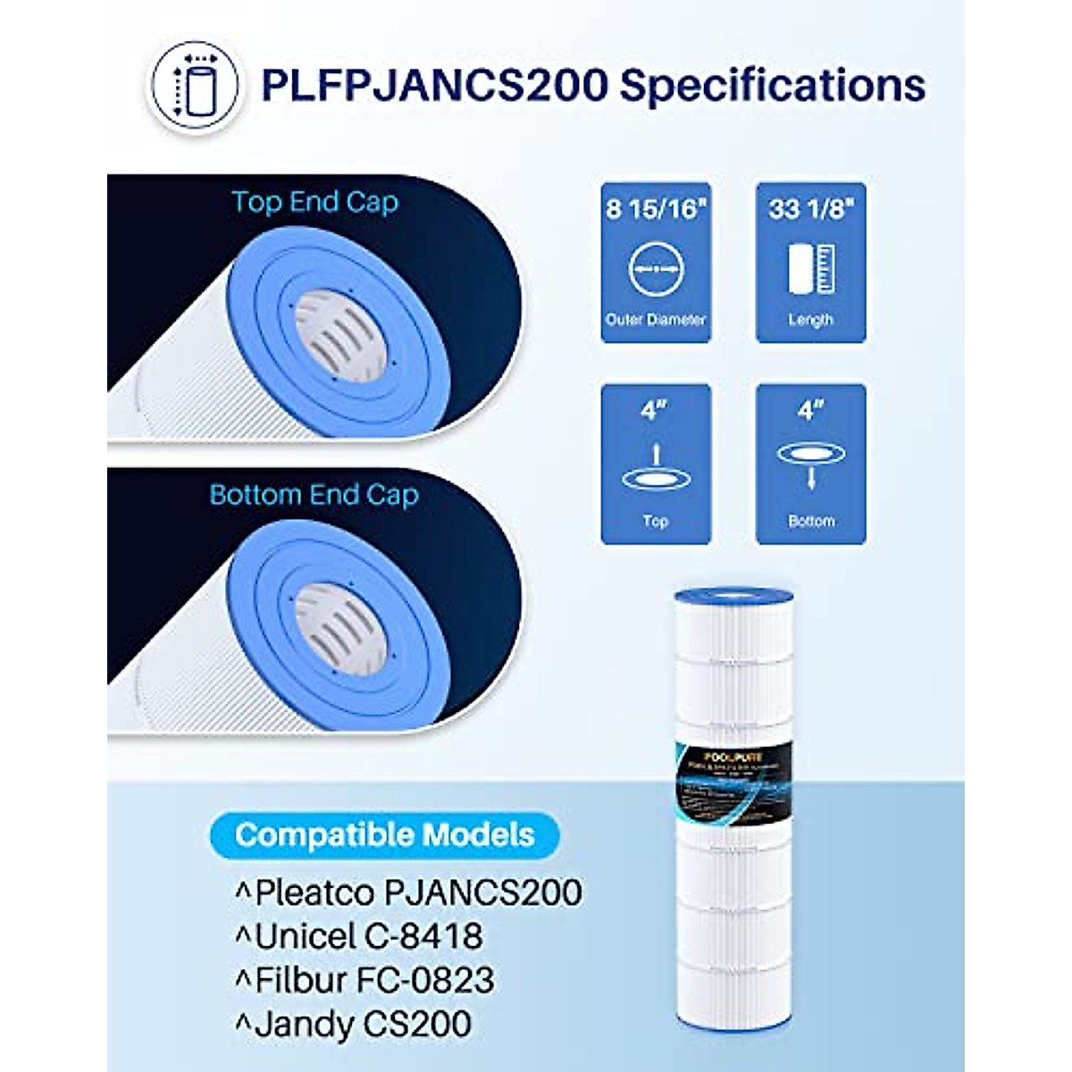 POOLPURE PLFPJANCS200 Pool Filter Replaces Jandy CS200, PJANCS200, Ultral-B9, R0462400, Unicel C-8418, Filbur FC-0823, Aladdin 35002, 200 Sq.ft Filter Cartridge 1 Pack