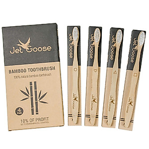 Jet Goose Bamboo Toothbrush Set | 4 Natural Eco- Friendly Biodegradable Bamboo Toothbrushes | BPA Free | Soft White Nylon Bristles