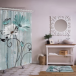 Moukeren 4 Pcs Teal Blue Daisy Butterfly Shower Curtain Set with Non Slip Rugs Toilet Lid Cover and Bath Mat Rustic Farmhouse Shower Curtain Turquoise Shower Curtain with Hooks Sets