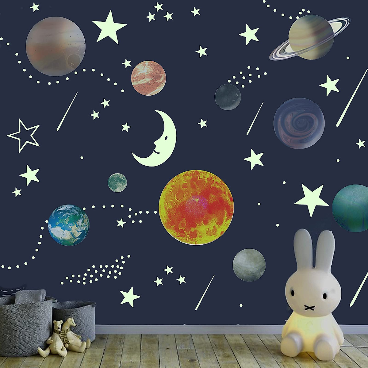 Blue Glow in The Dark Solar System Wall Decals,158 pcs Ceiling Light Stars and Moon Decoration, Planet Decor for Kids Boys Bedroom, Starry Sky Stickers for Nursery