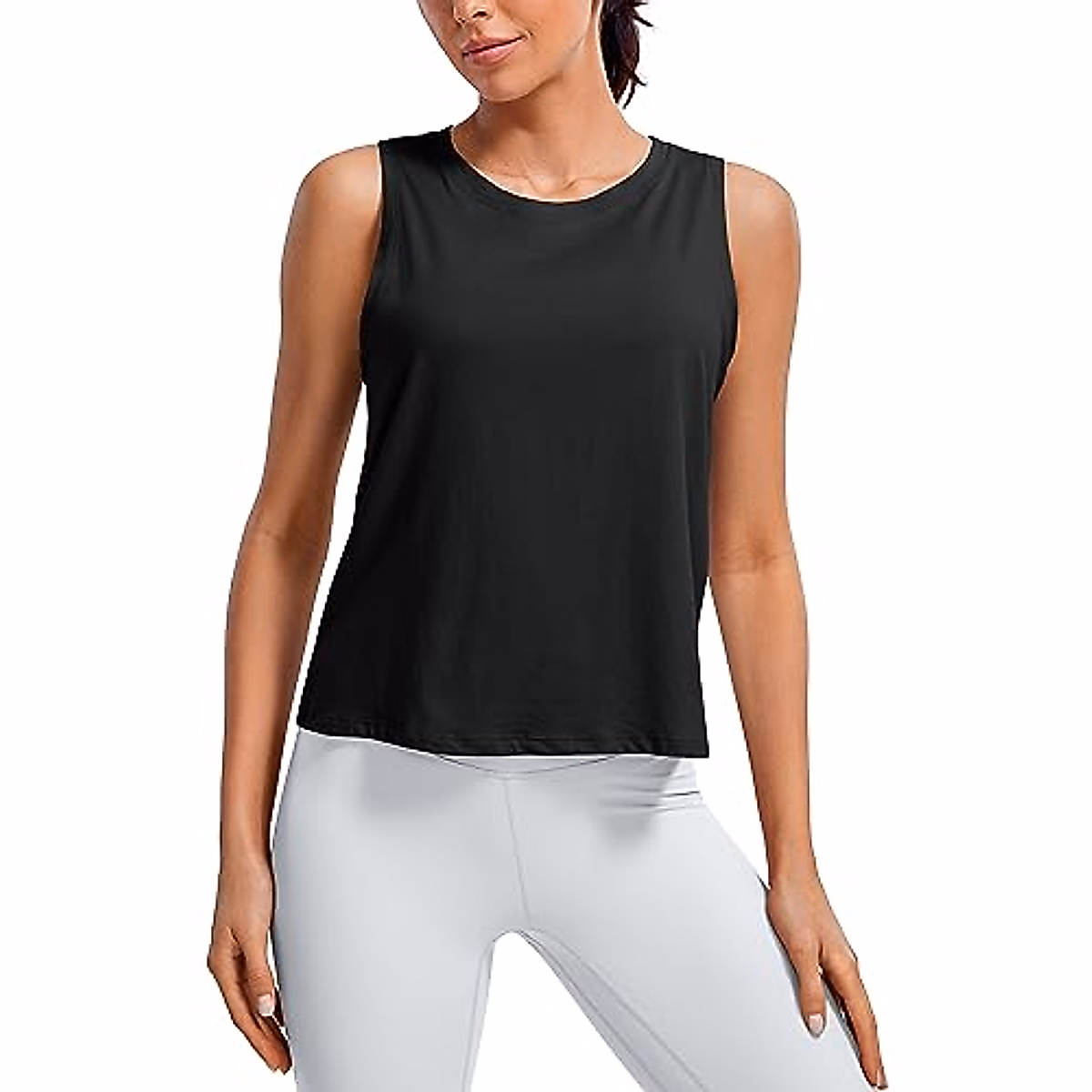 CRZ YOGA Pima Cotton Cropped Tank Tops for Women Workout Crop Tops High Neck Sleeveless Athletic Gym Shirts Black Small
