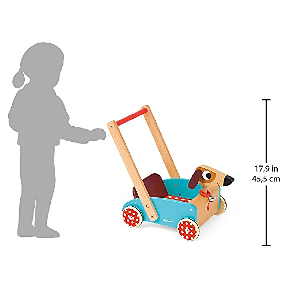 Janod Crazy Doggy Cart – Adorable Wooden Push Toy Walker with Storage – Dog Bell Rings When the Cart is Pushed - Encourages Walking and Discovery – Ages 1+ years.