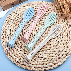 3pcs/set 3 in 1 Travel Portable Cutlery Set Japan Style Wheat Straw Knife Fork Spoon Student Dinnerware Sets Kitchen Tableware (Green)