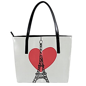 Simple Eiffel Tower with Red Heart Tote Bag for Women Girls, Leather Shoulder Bag with Inside Pockets, Zip Top Handbags