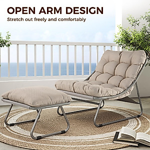 Grand patio Outdoor Lounge Chair with Ottoman Comfy Sling Recliner Chair with Puffy Cushion Samba Modern Patio Furniture Set for Porch Deck Garden Champagne Gray