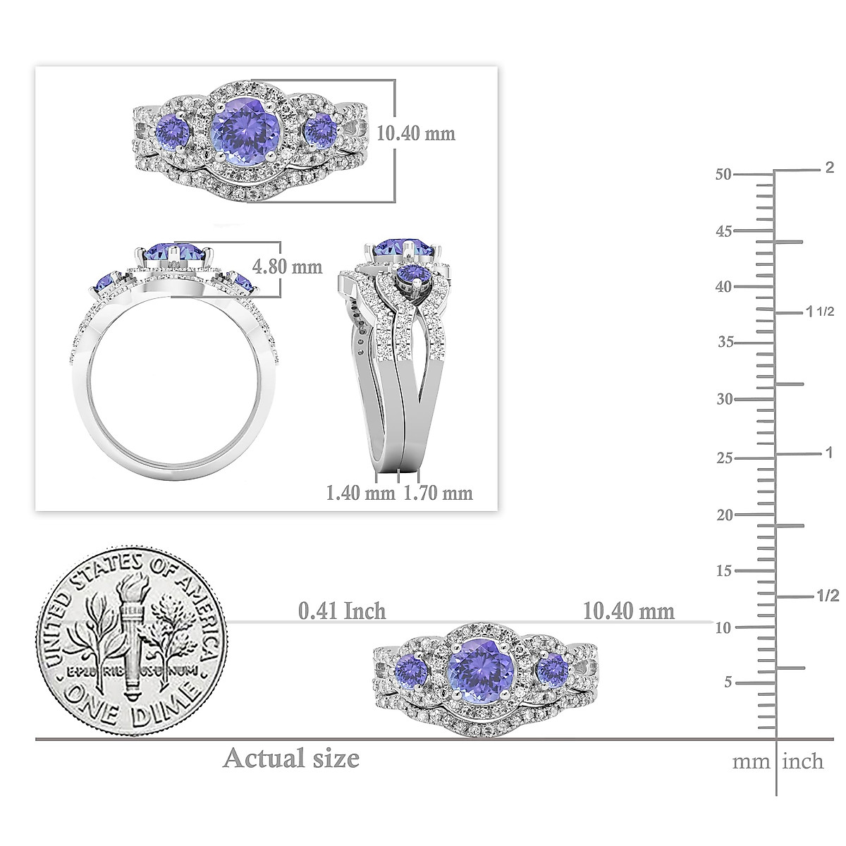 Dazzlingrock Collection Round Tanzanite & White Diamond Ladies 3 Stone Halo Wedding Ring Set 14K White Gold, Size 6