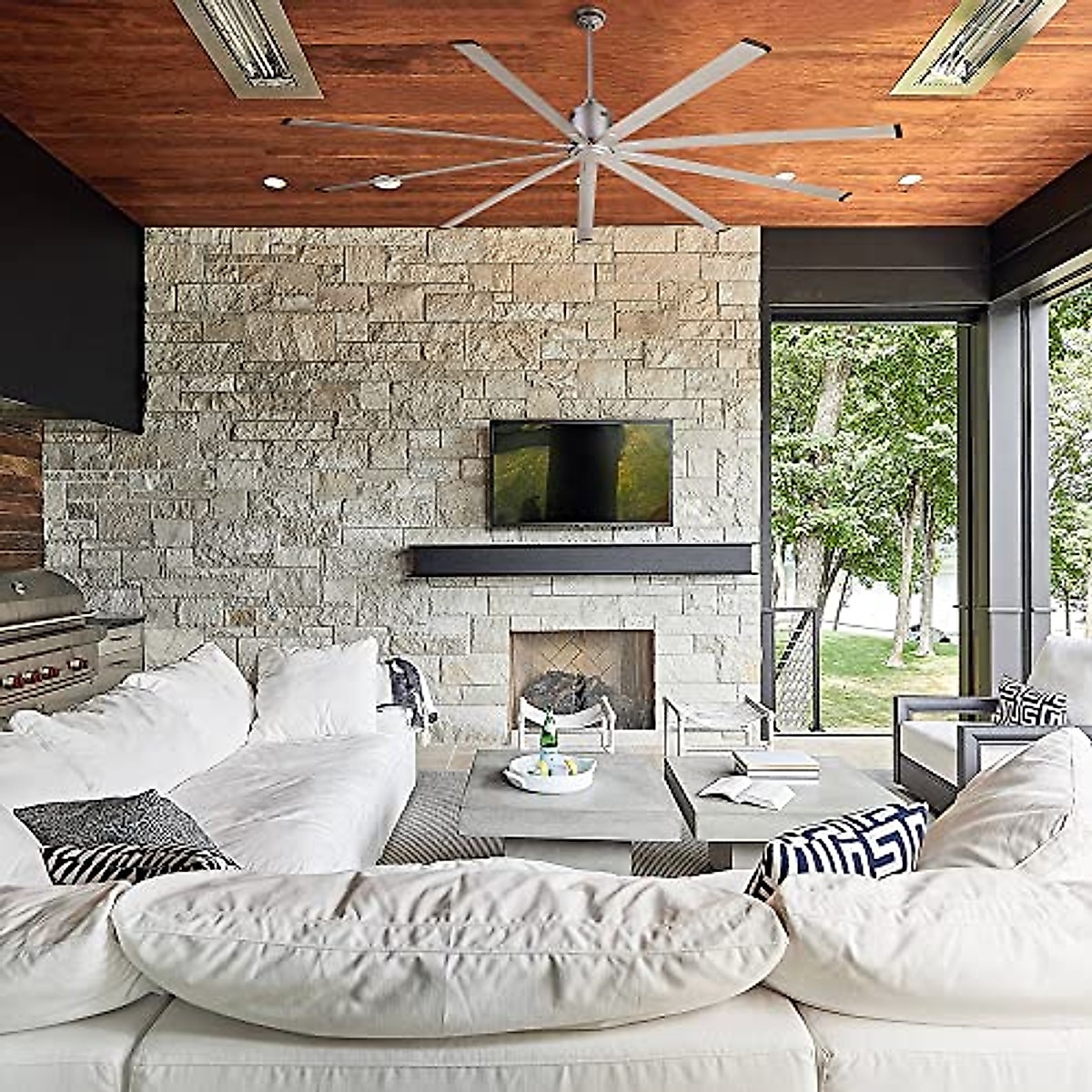 BiGizmos 84 Inch Industrial DC Motor Ceiling Fan, Damp Rated Indoor or Covered Outdoor Ceiling Fans for Home or Commercial, Porch Patio Warehouse Restaurant, 6-Speed Remote Control