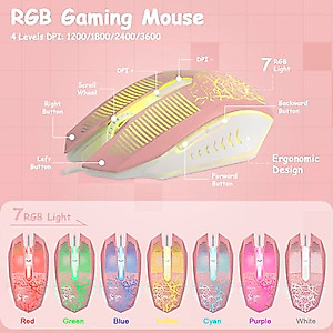CHONCHOW Pink Keyboard and Mouse Combo with Backlit, Function Keys, 19 Keys Anti-ghosting for Gamer on PC Laptop Computer Mac PS4 Xbox, Cute Wired Light Up Gaming Keyboard & RGB Mouse for Girl Women