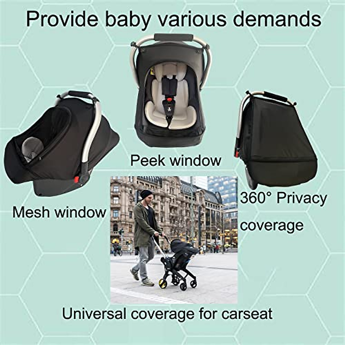3-in-1 Car-Seat Canopy Cover - Protective Carseat Sun Shade Canopy with Privacy Shade Canopies Covers for Boys Girls,Inner Bug Nets for Newborn Infant Protect Baby from Mosquito & Insect (Black)