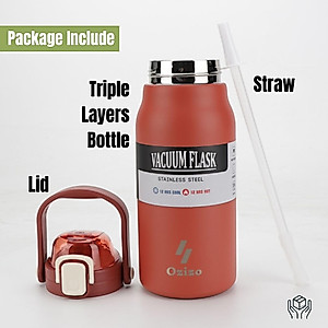 Insulated Water Bottle, 44 oz Thermos with Handle, Stainless Steel Water Bottle with Straw, Ozizo Thermos with Leakproof Lid