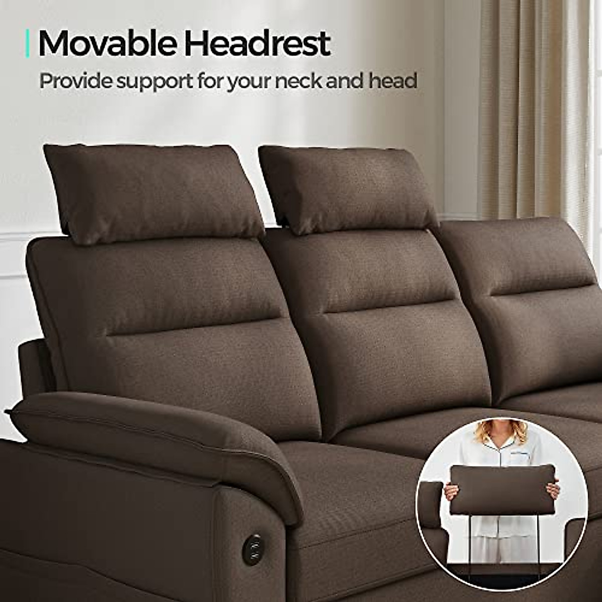 LINSY HOME Sectional Sofa Couch, 3 Seat Small Couch with 2 USB Ports and Storage Pockets, Easy to Clean, Modern Small Sofa for Small Spaces, Living Room, Apartment, Brown