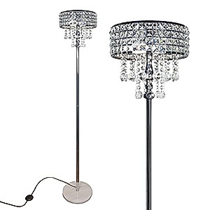 beaysyty Modern K9 Clear Glass Crystals Floor Lamp with 3 LED Bulbs, On/Off Foot Switch, Crystal & Glass 3-Lights Standing Light, Reading Corner Lamp for Office Cafe , Living Room Bedroom (Chrome)