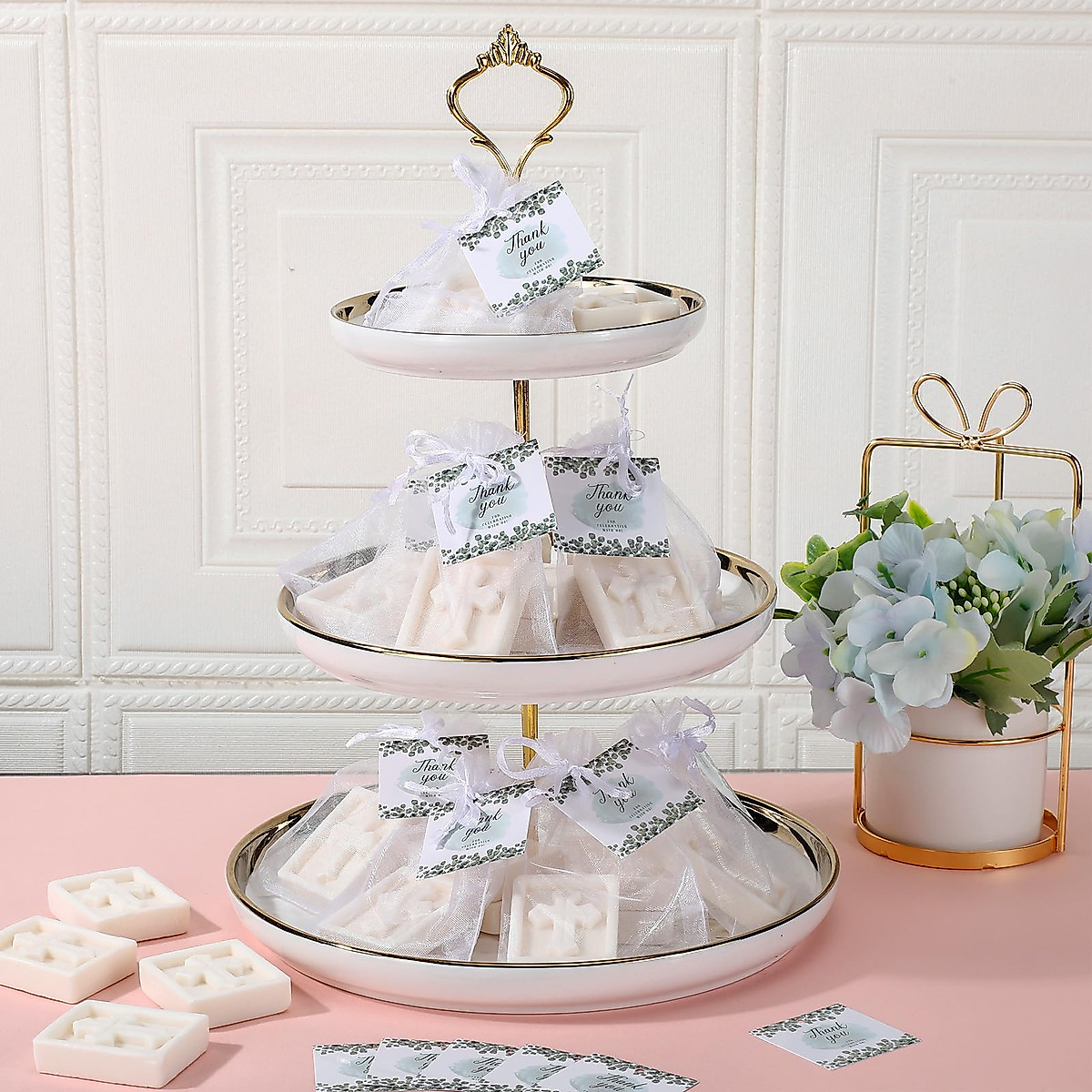 Dansib 240 Pcs Cross Soap Baptism Favors Set, 80 Pcs Scented Soap Favors 80 Pcs Bags and 80 Pcs Cards Baby Baptism Favor for Baby Shower Christening Communion Wedding Bridal Party Guests Decoration