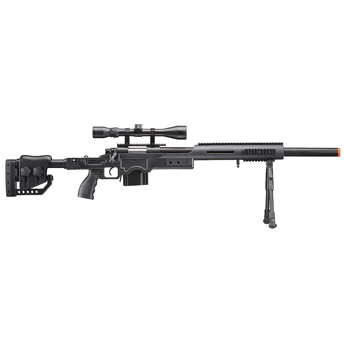 WF 410 High FPS Airsoft M24 Bolt Action Tri Rail Airsoft Rifle with Scope & Bipod - Black