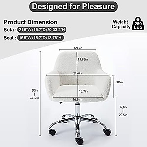 Home Office Desk Chair Height Adjustable - Faux Fur Desk Chair Wheels Swivel Rolling Office Chair, Modern Cute Computer Task Chair, Accent Chair Fluffy Desk Chair White Vanity Chair for Women, Girls