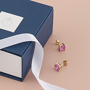 Peora Solid 14K Yellow Gold Created Pink Sapphire Stud Earrings for Women, Classic Solitaire, Hypoallergenic Cushion Cut 6mm, 2.50 Carats total, Friction Back