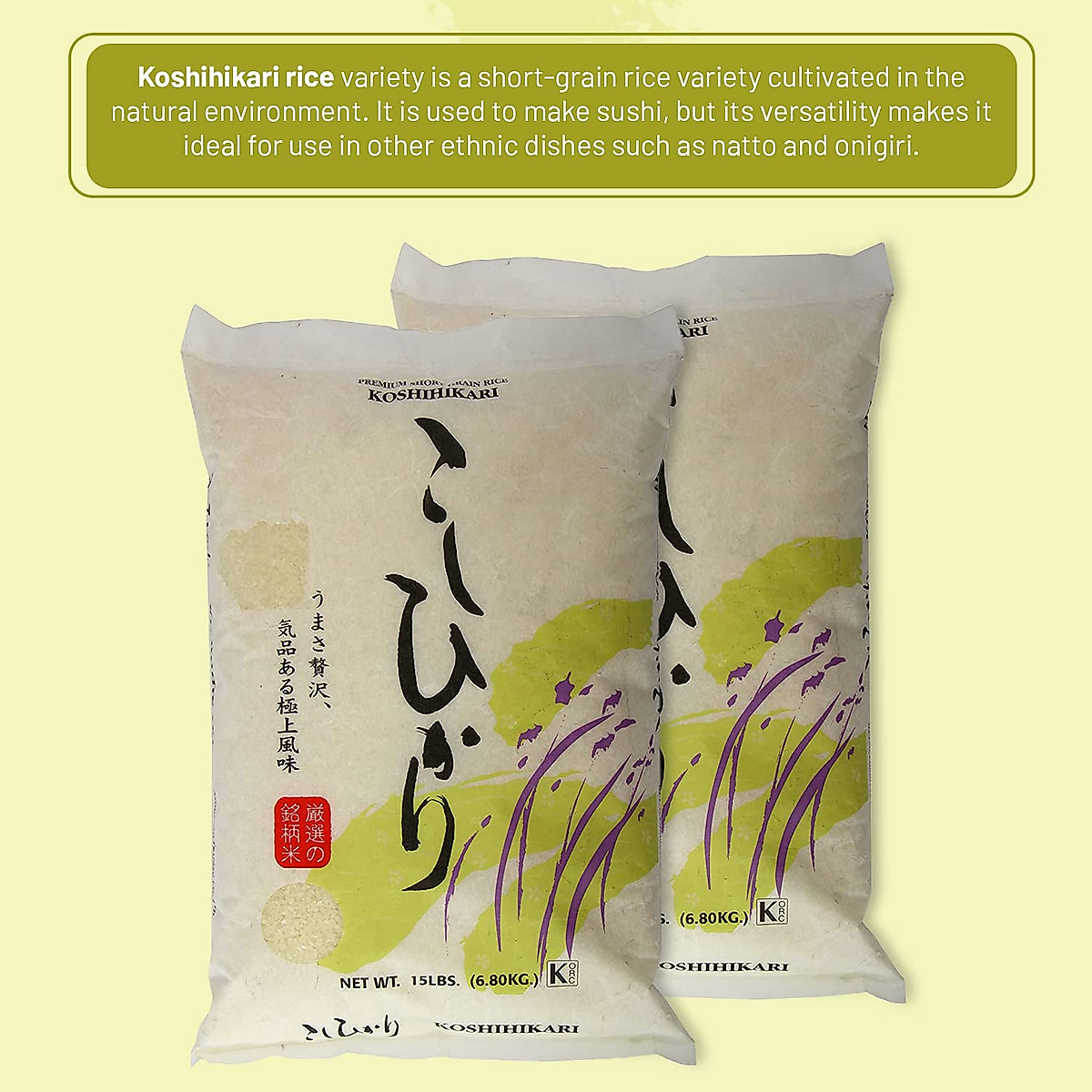Shirakiku Dried Grains & Rice - Japanese Short Grain White Koshihikari Rice - Uncooked Premium Quality Low Carb Sweet Sticky Sushi Rice, 15 Pounds bag